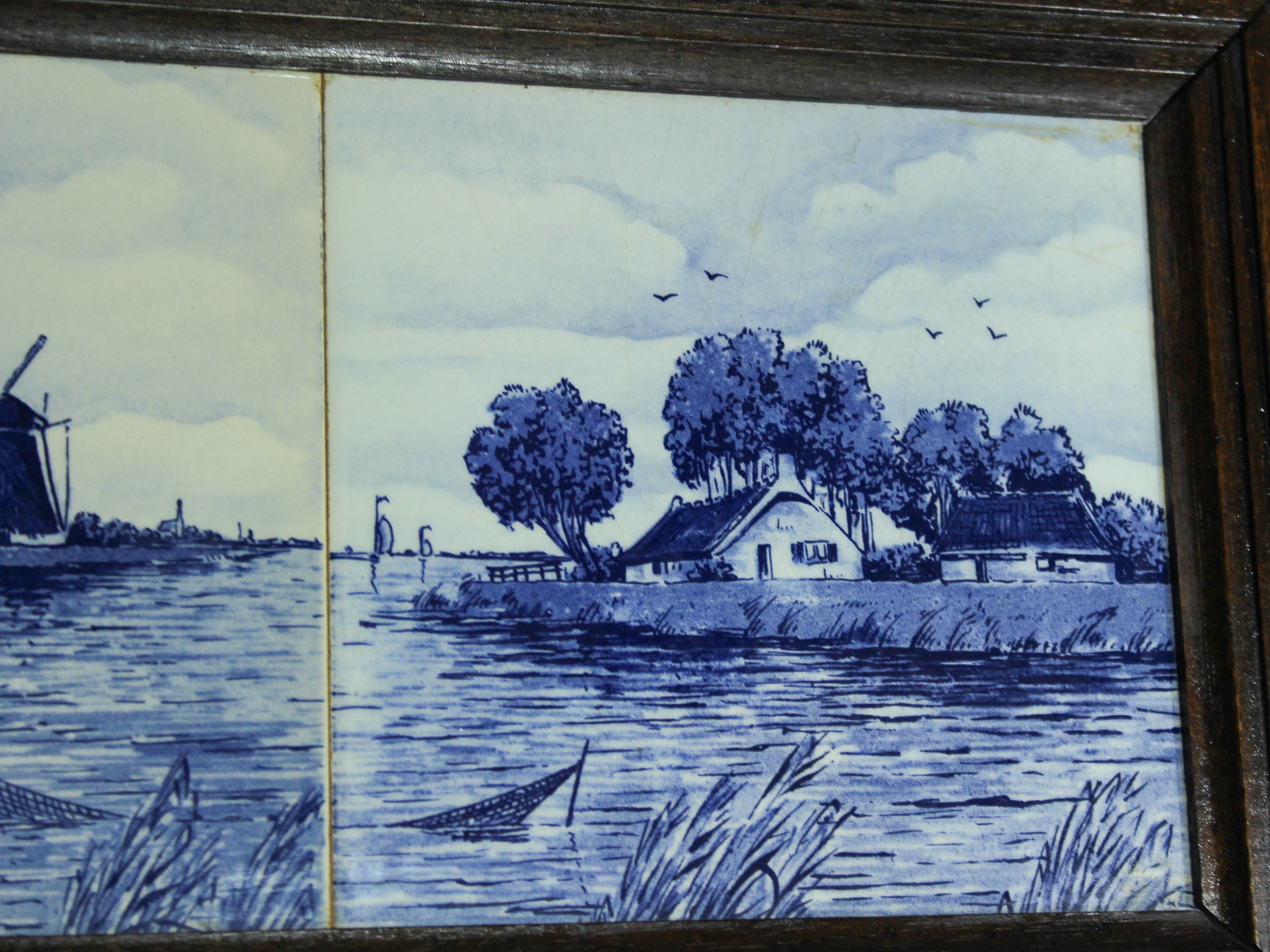 Vintage Large Wooden Frame With Two Delft Blue Tiles Depicting Dutch ...