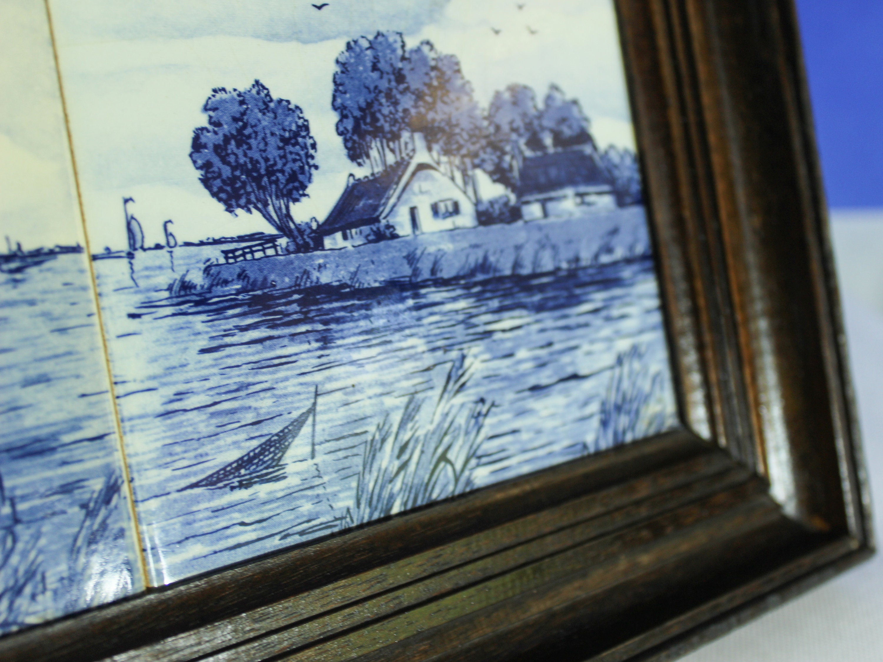 Vintage Large Wooden Frame With Two Delft Blue Tiles Depicting Dutch ...