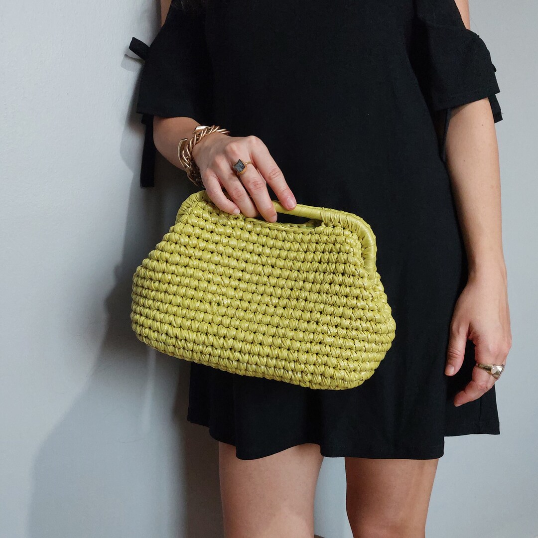 Golden Lime Metallic Raffia Clutch Bag, Olive Green Evening Clutch, Lime Green Pouch Bag ...