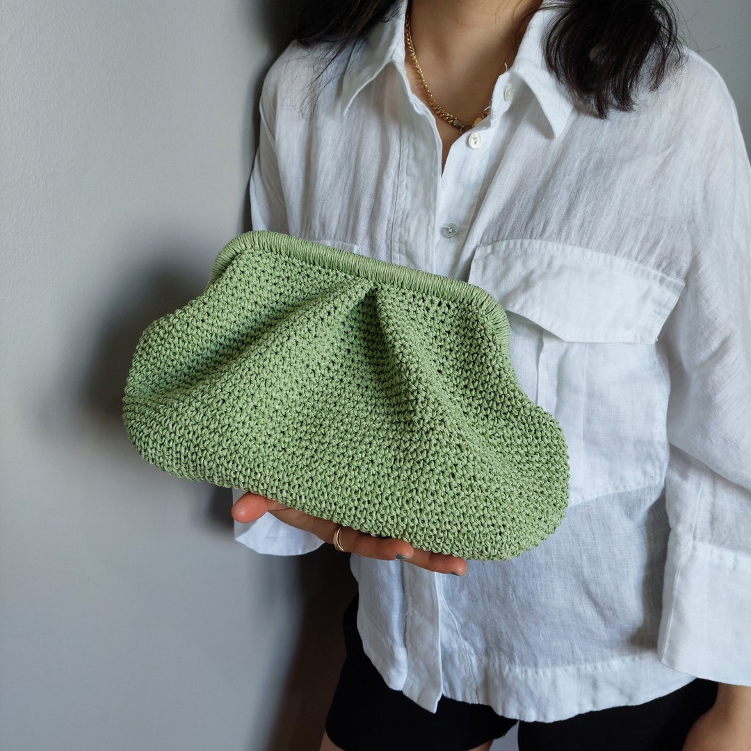 Green Straw Summer Pouch Bag, Pistachio Green Straw Raffia Bag, Light ...