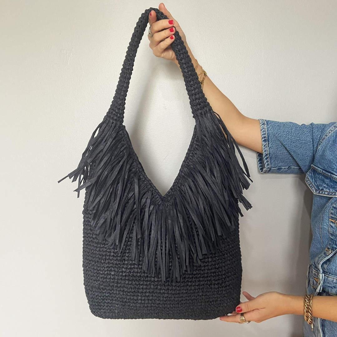 Black Straw Summer Raffia Tote Bag, Black Raffia Beach Shoulder Bag ...