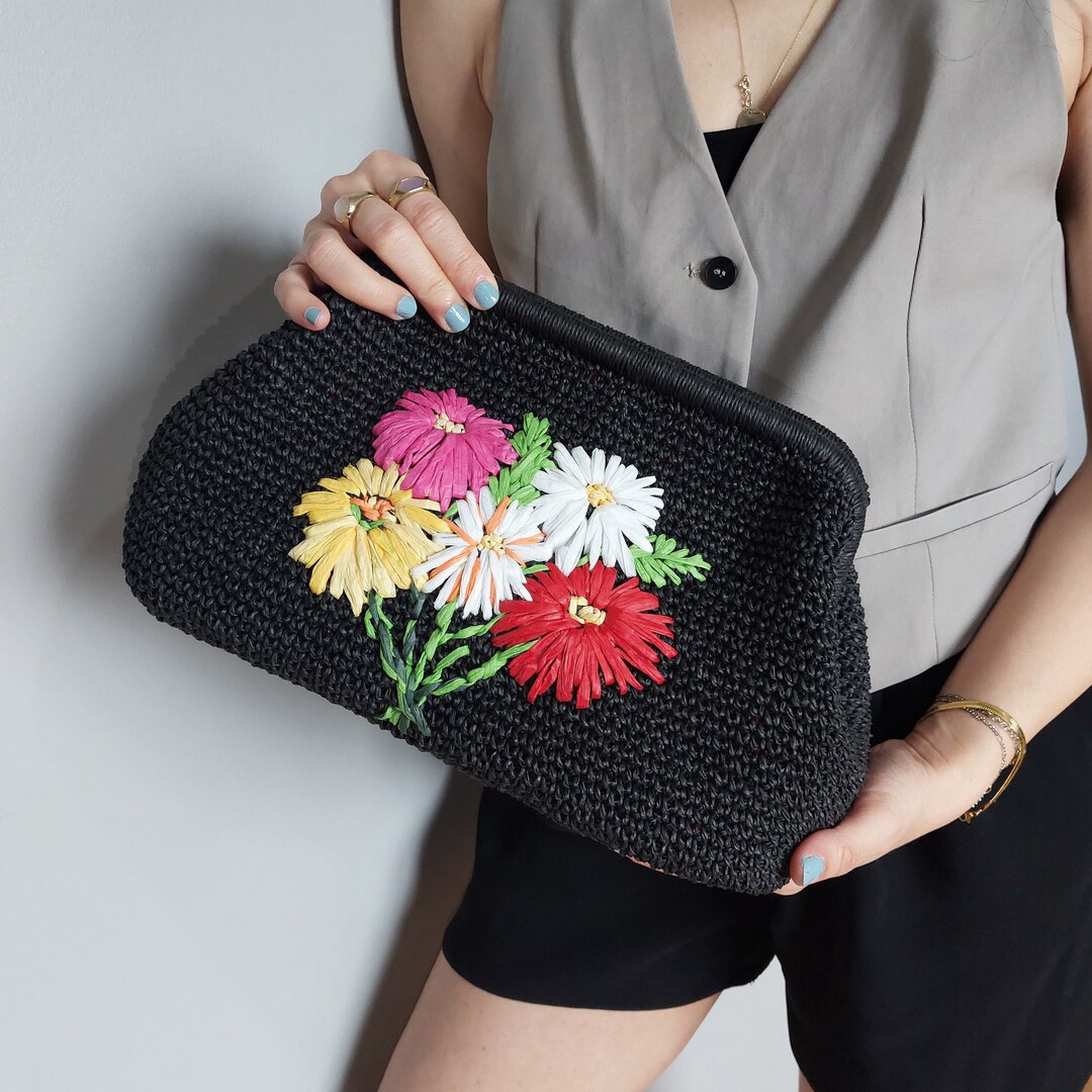 Floral Embroidered Straw Black Raffia Bag for Woman, Flower Embroidered ...