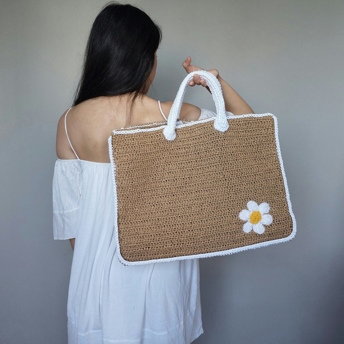 Daisy Raffia Tote Bag, Personalized Beach Bag - Etsy