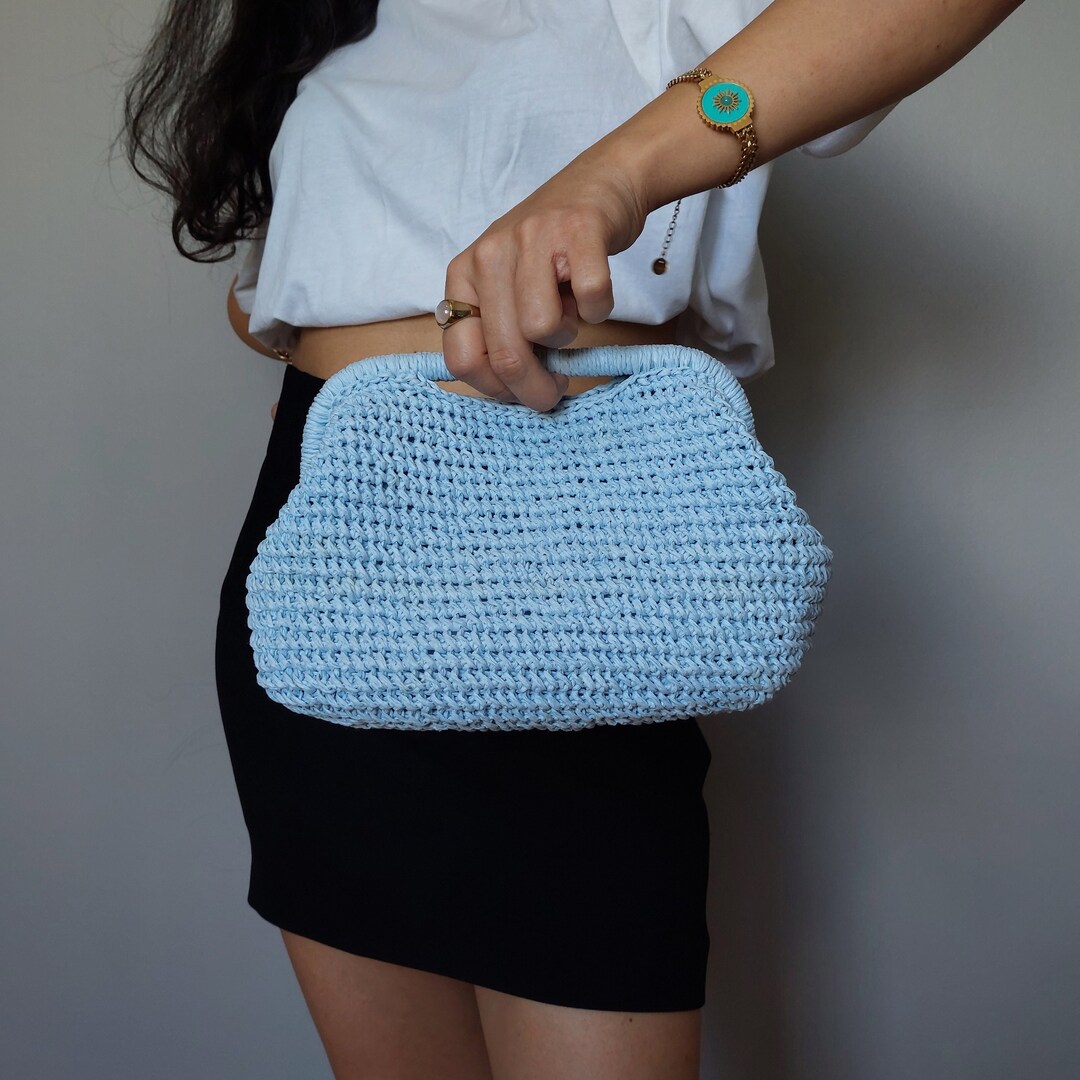 Light Blue Straw Pouch Bag, Blue Raffia Bag With Handle - Etsy