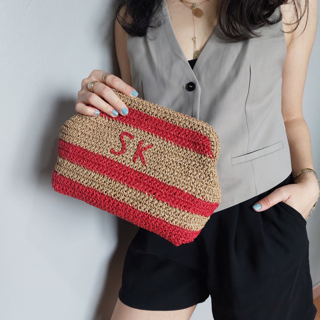 Embroidered Straw Raffia Clutch Purse, Personalized Raffia Summer Bag ...