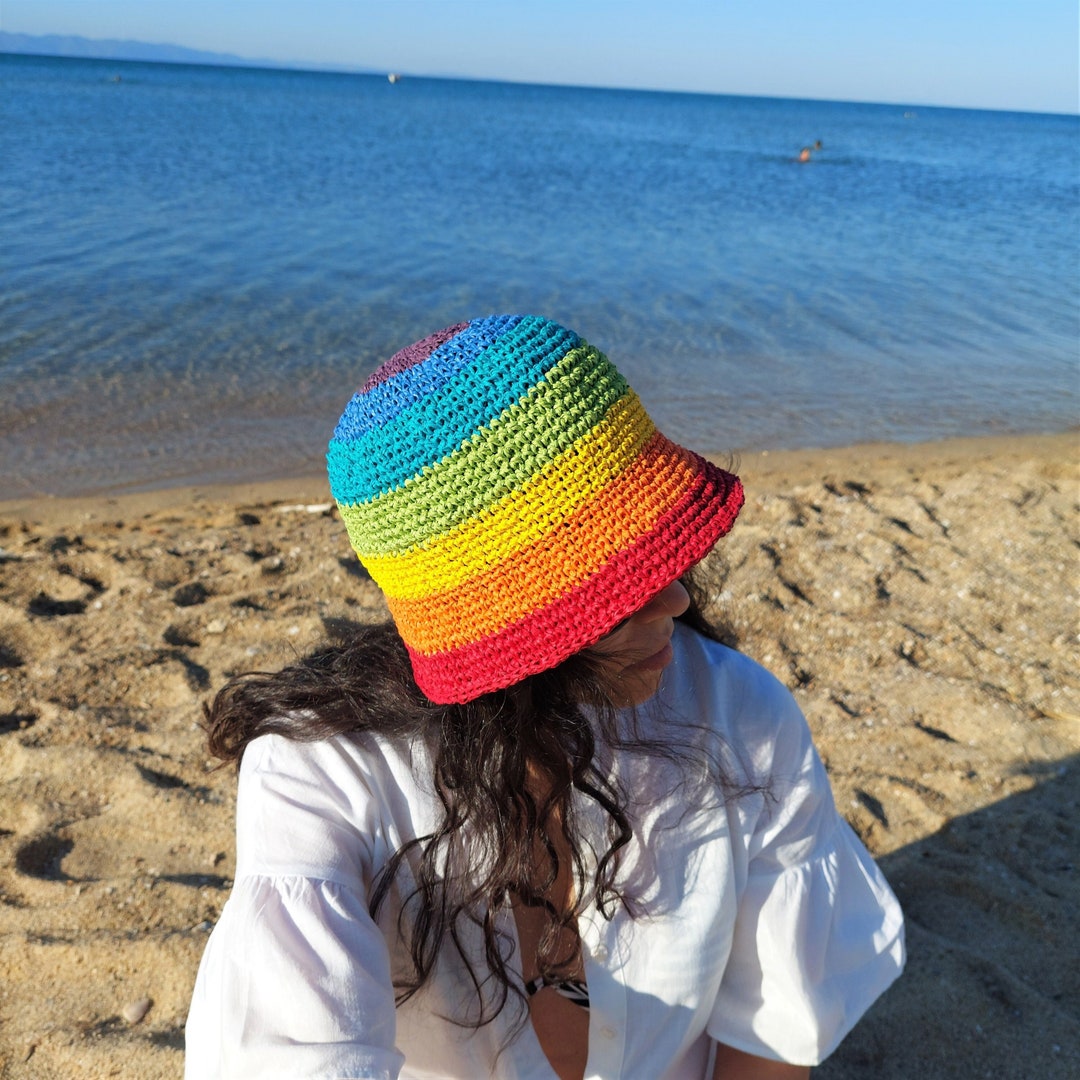 Rainbow Pride Bucket Hat, Summer Beach Raffia Straw Hat - Etsy