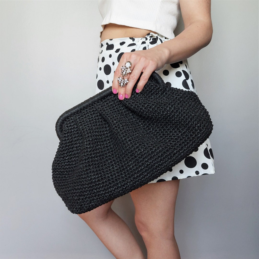 Black Raffia Bag, Black Straw Summer Pouch Bag, Black Wicker Handmade ...