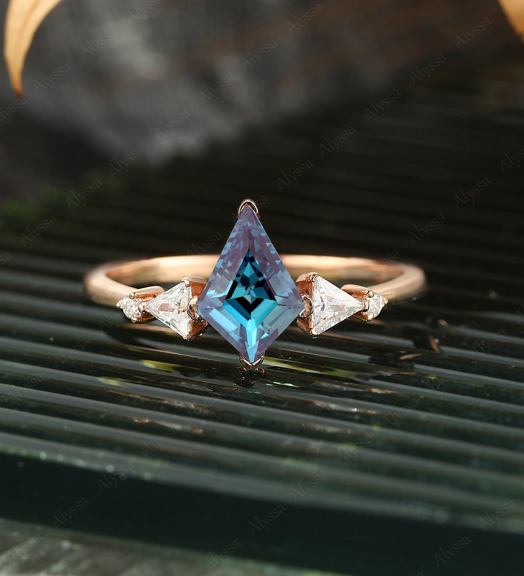 Vintage Alexandrite Engagement Ring Unique Rose Gold Kite Cut Diamond ...