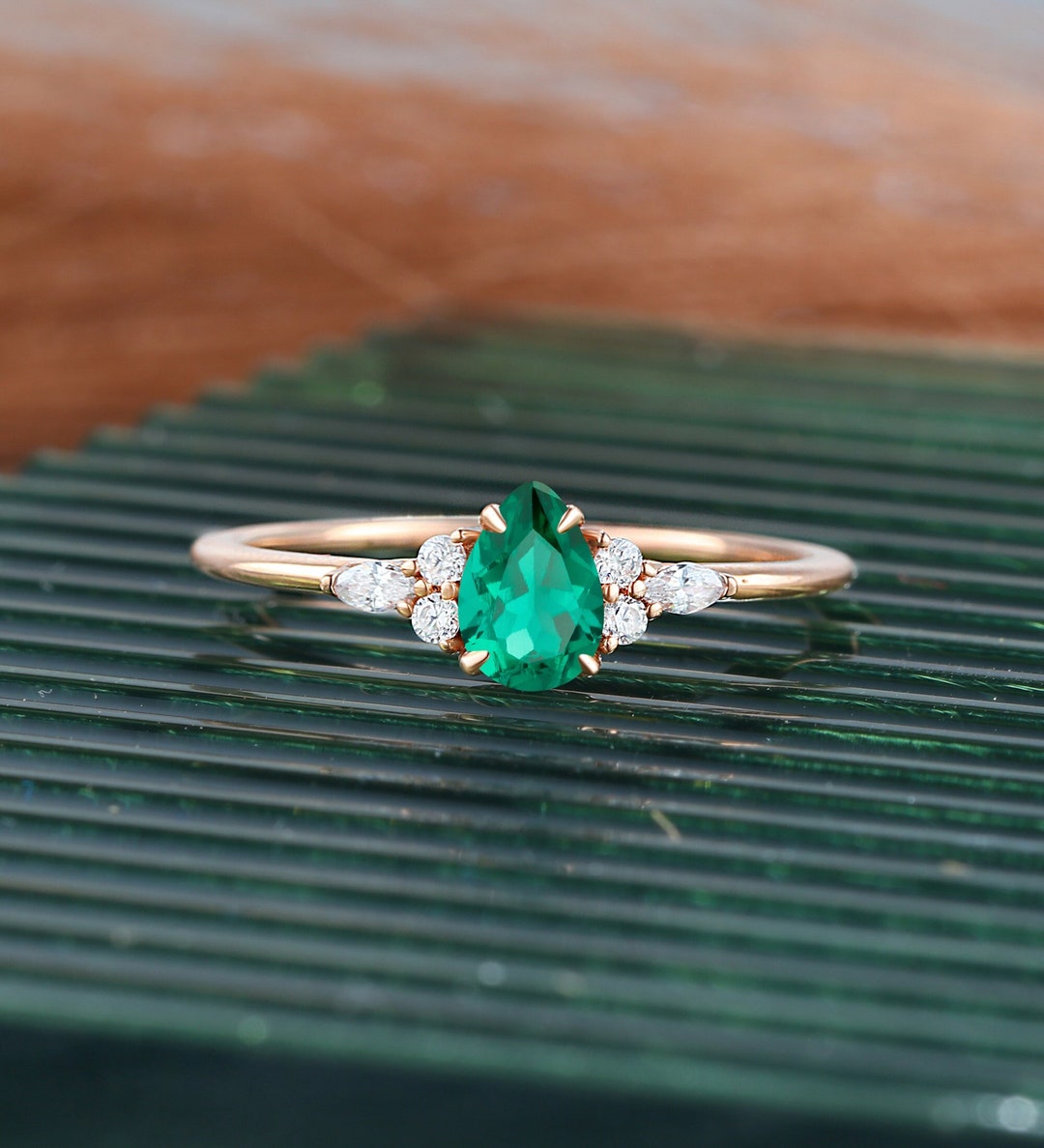 Pear Shaped Emerald Engagement Ring Solid Gold Engagement Ring ...