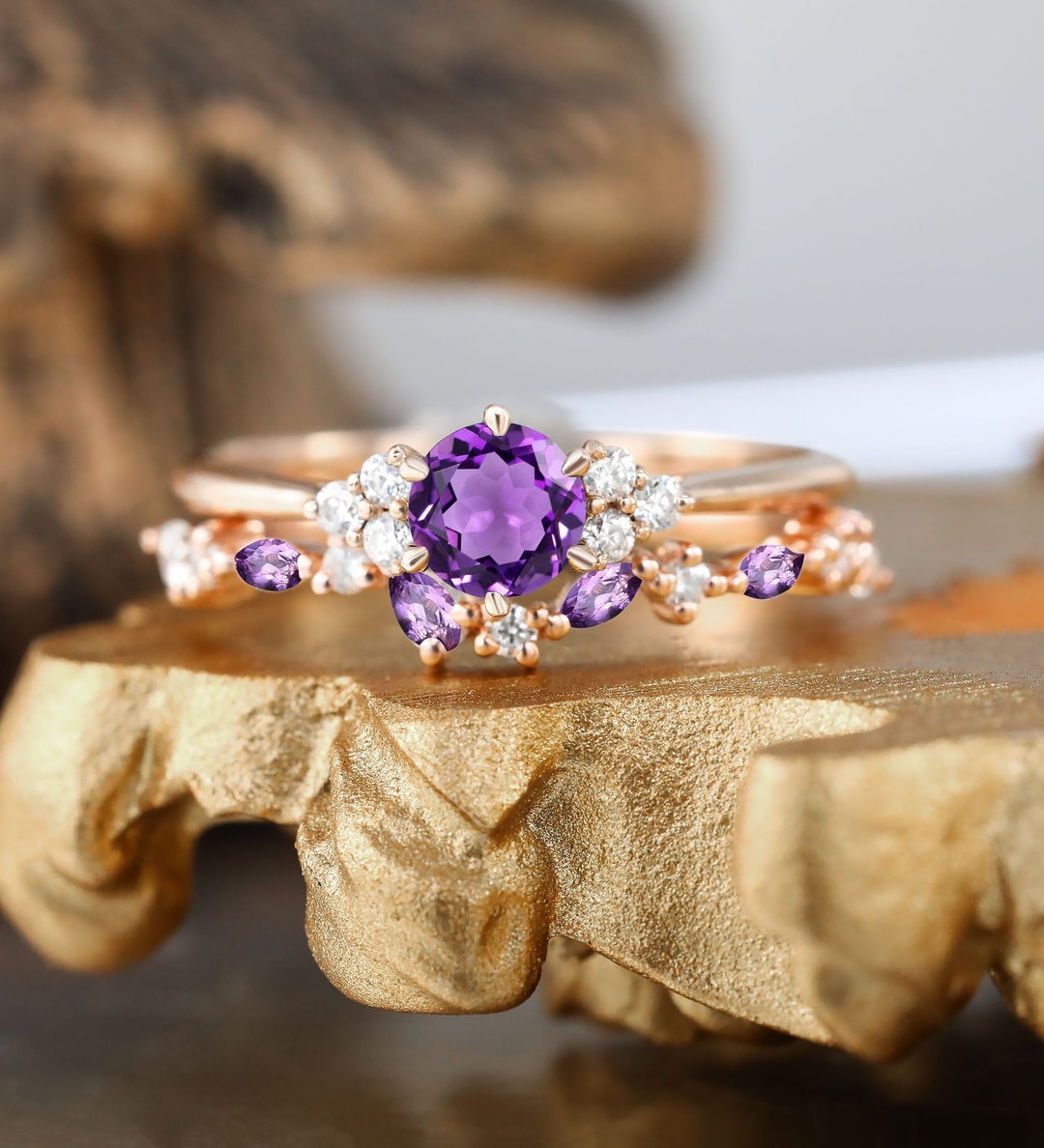 Vintage Amethyst Bridal Set Moissanite Diamond Engagement Ring Set ...