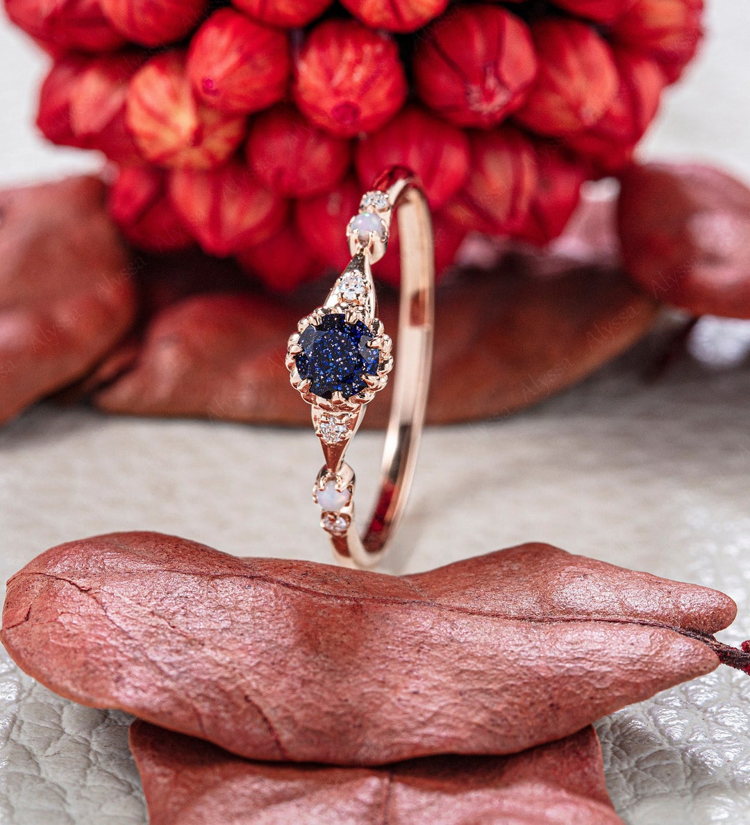 Blue Sandstone Engagement Ring Vintage Engagement Ring Unique ...