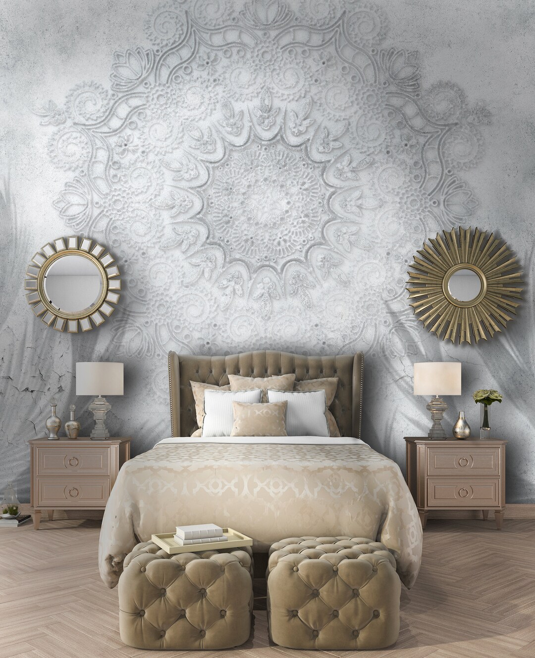 Mandala Wallpaper. Marble Mandala Mural in Gray Colour With Leaves ...