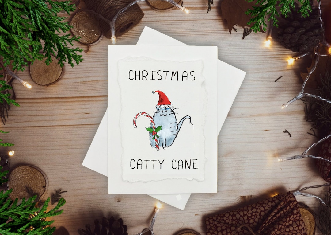 Christmas Catty Canes ı Handmade Christmas Card Cat ı Watercolor Funny ...