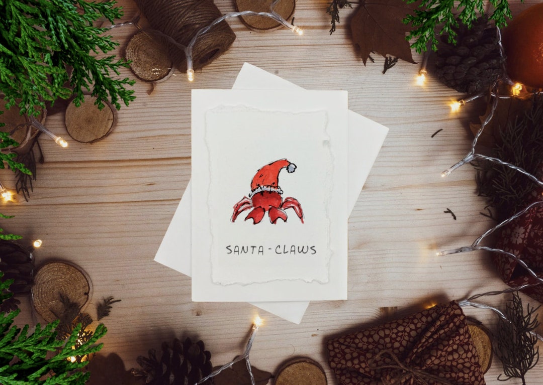 Santa Claws Crab ı Hand Painted Individually Watercolor Blank Funny ...