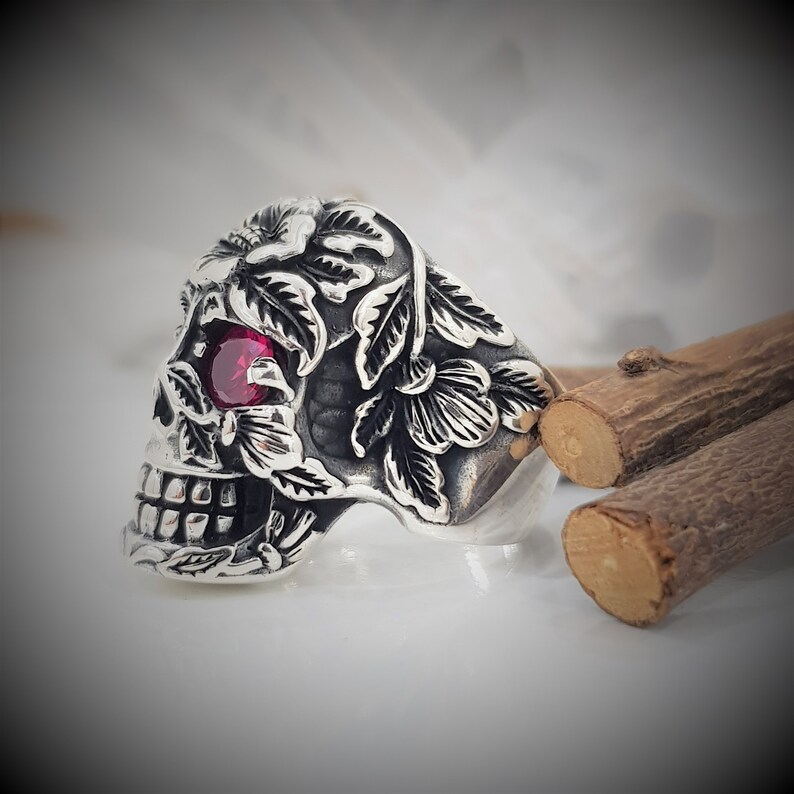 Sterling Silver Ruby Stone Eyes Skull Ring Biker Skull Ring | Etsy