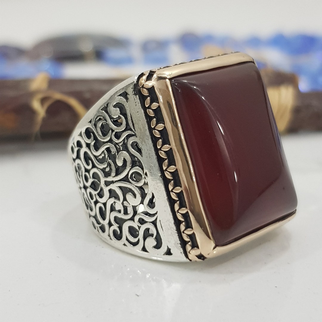 Red Big SQUARE Yemeni Aqeeq Silver Ring, Silver Handmade Jewelry, 925 ...