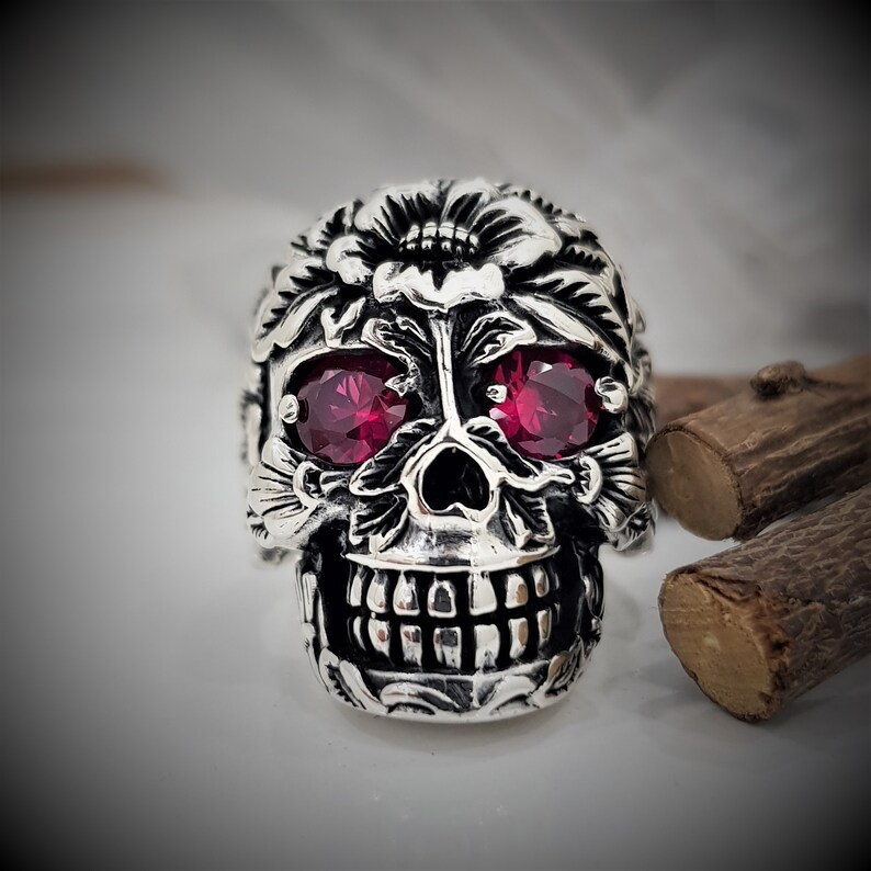 Sterling Silver Ruby Stone Eyes Skull Ring Biker Skull Ring | Etsy