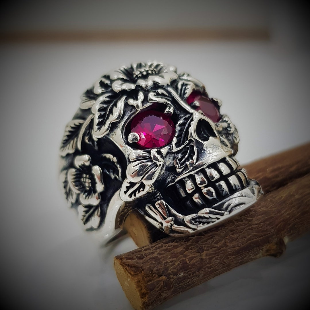 Sterling Silver Ruby Stone Eyes Skull Ring, Biker Skull Ring, Men 925 Sterling Silver Skull Ring ...