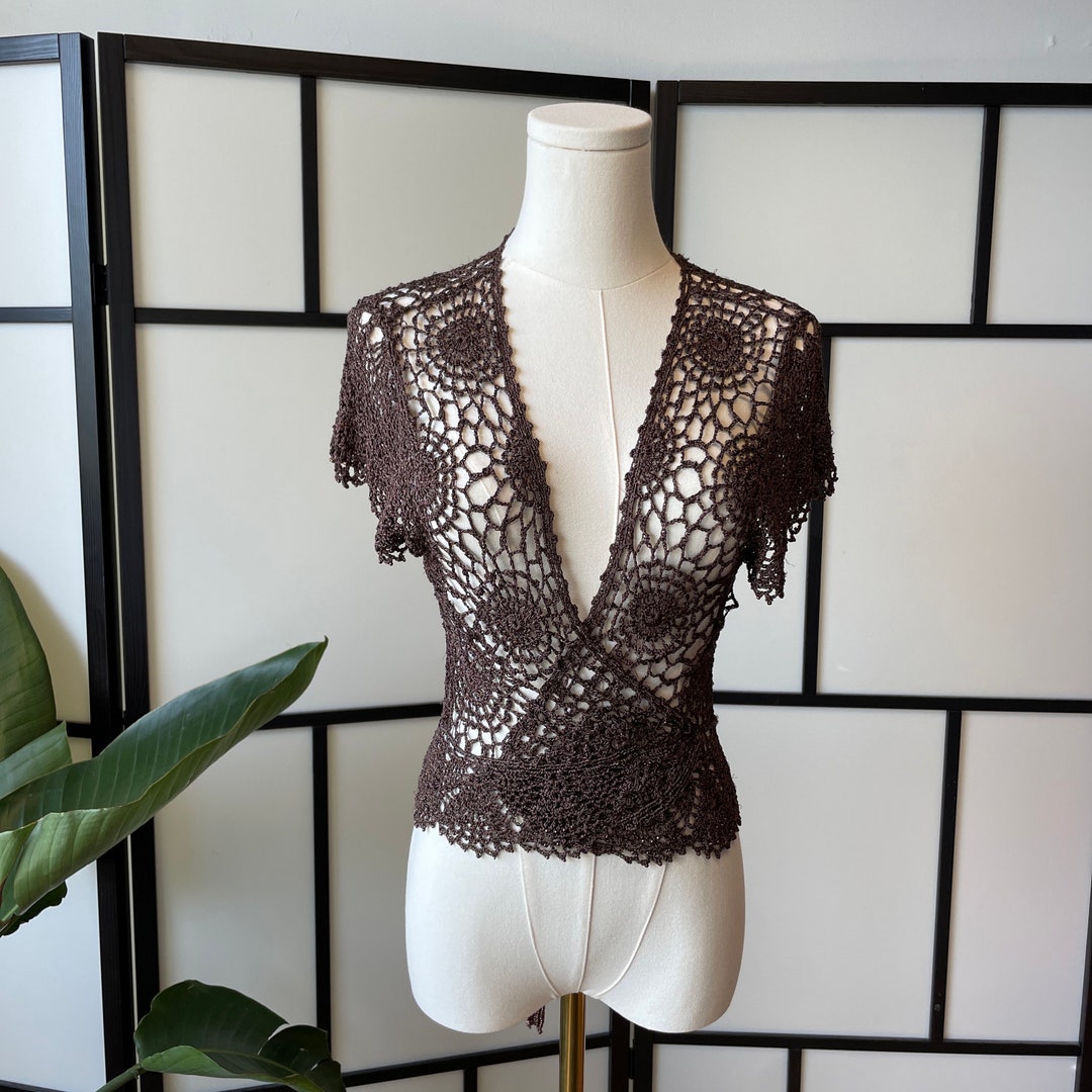 Vintage Y2K Crochet Beaded Trim Coverup Wrap Shirt Top / Size Large - Etsy