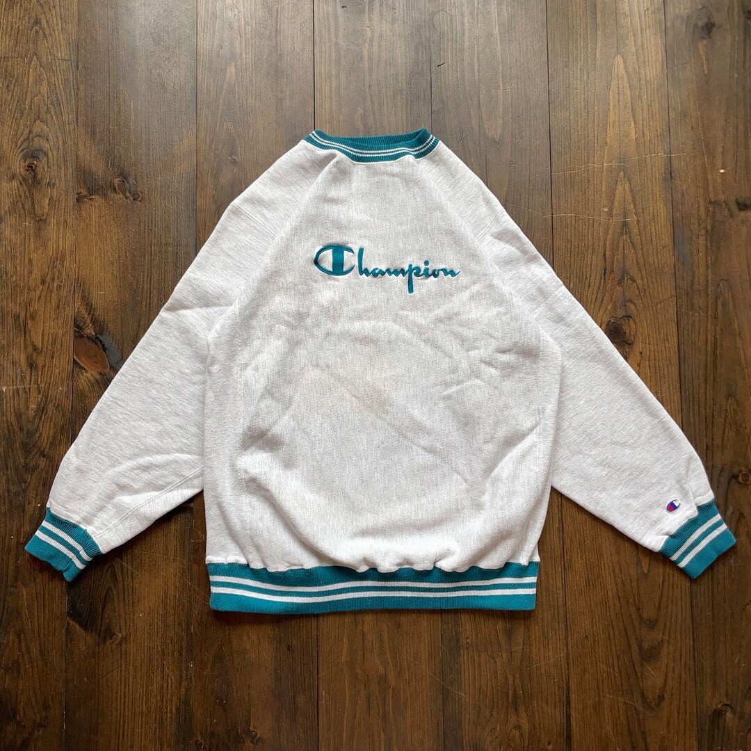 Vintage 1990s Champion Reverse Weave Teal Blue Ringer Crewneck ...