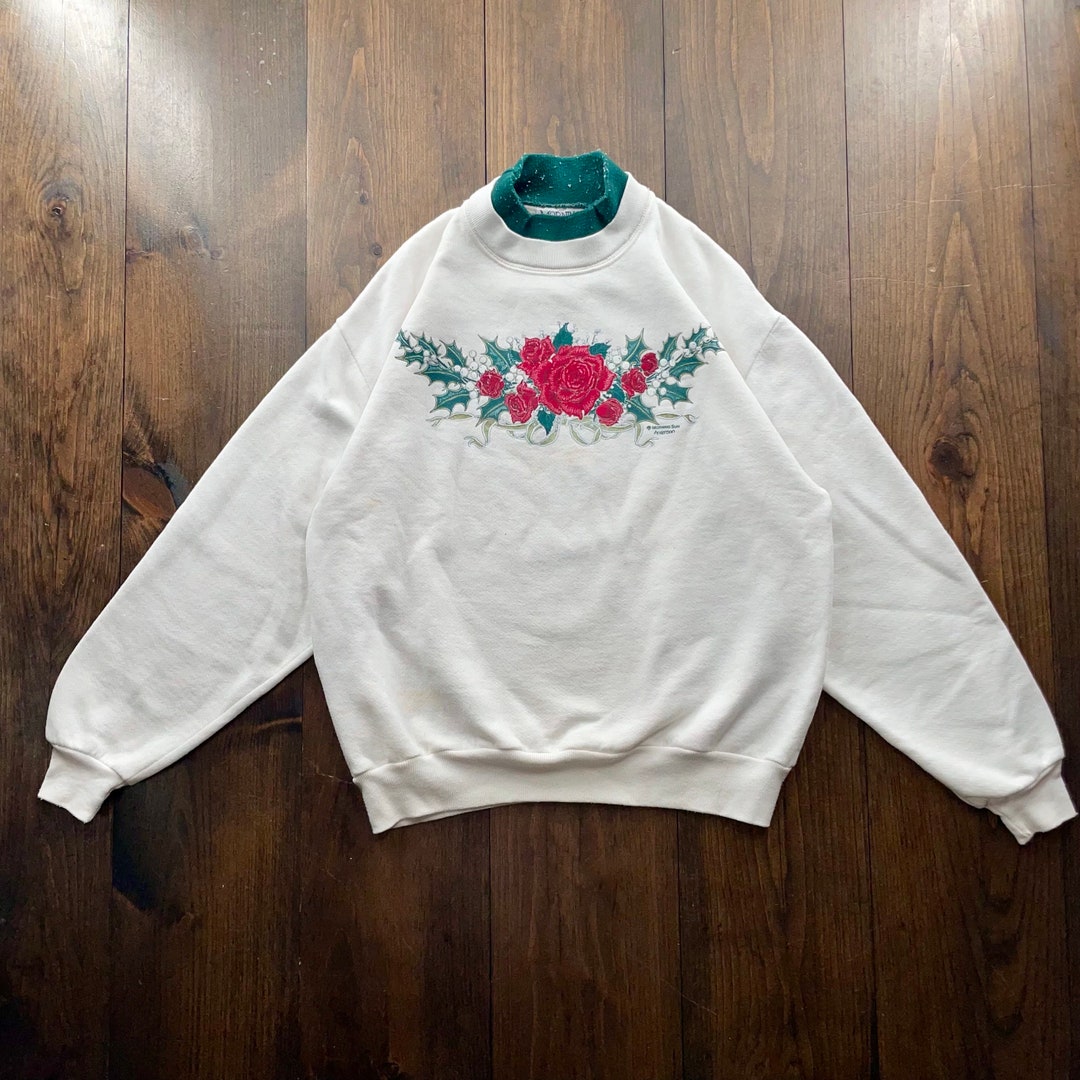 Vintage 1990s Red Roses Floral Flowers Turtleneck Sweatshirt / Made in ...
