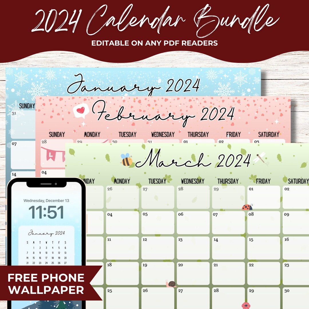 Editable Monthly Calendar 2024 Bundle sunday Starts - Etsy Australia