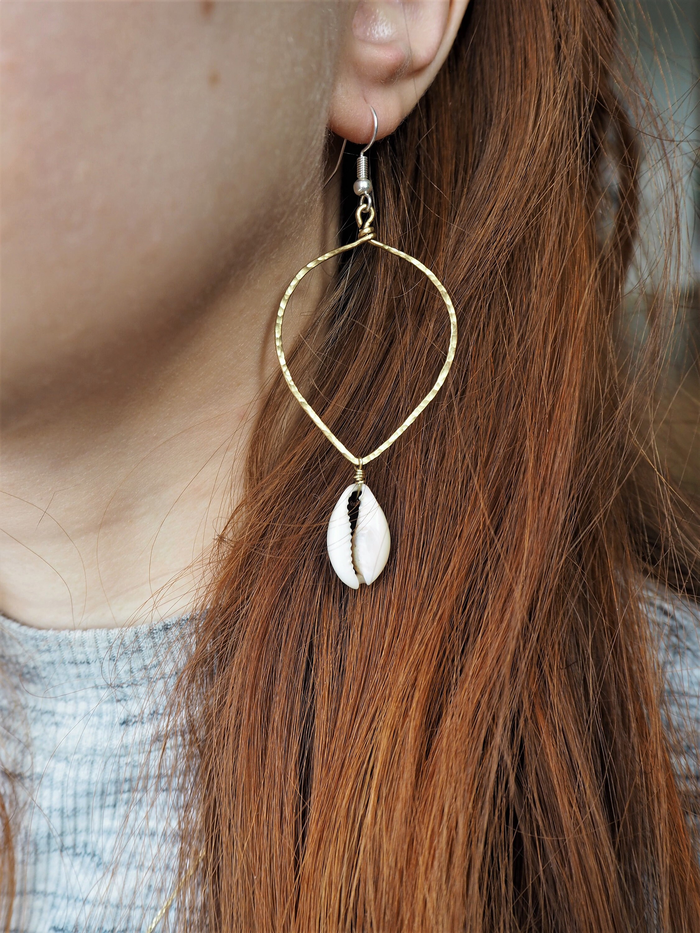 Kauri Hoops Cowrie Shell Earrings Sea Shell Earrings Hammered Brass ...
