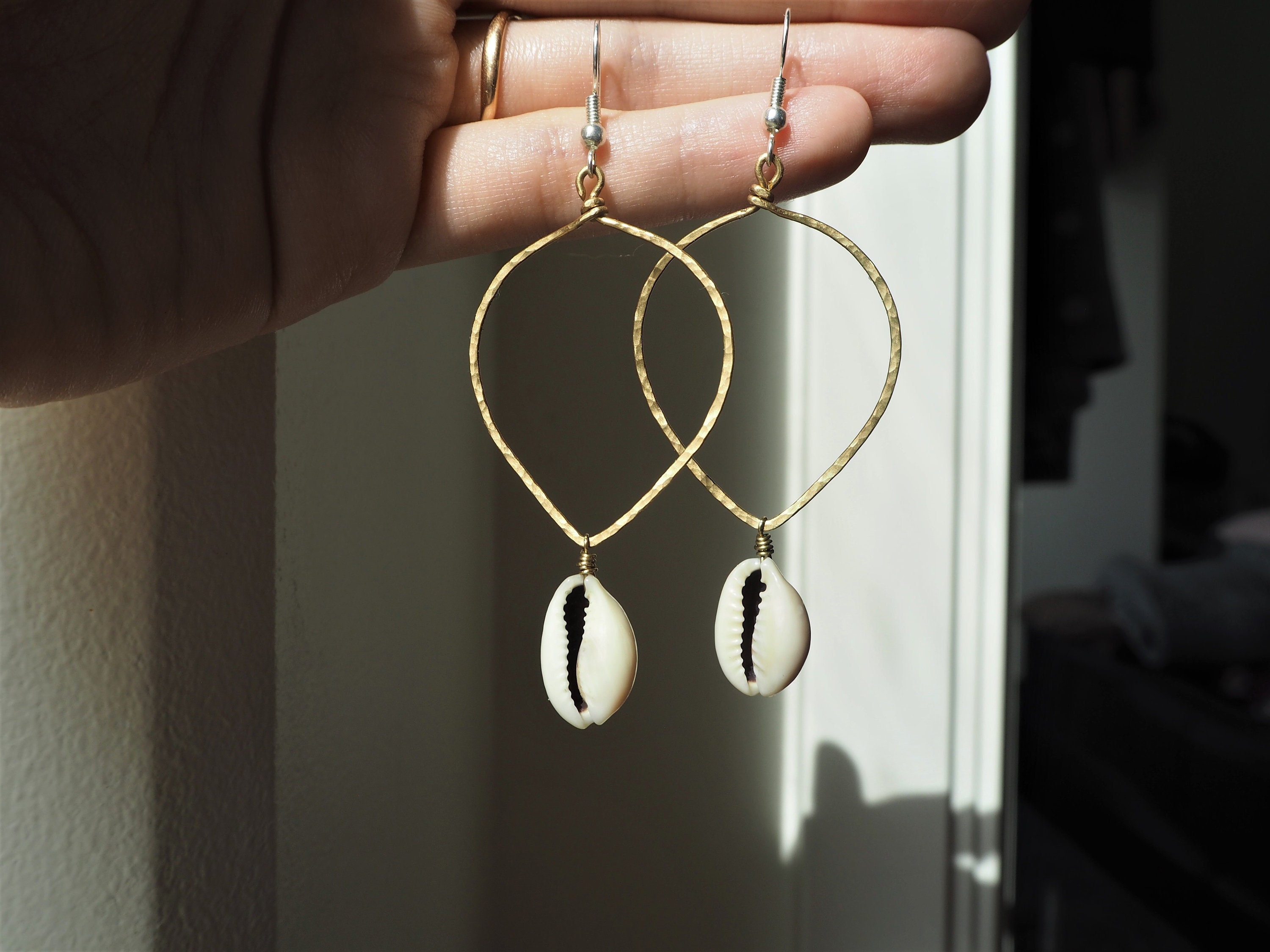 Kauri Hoops Cowrie Shell Earrings Sea Shell Earrings Hammered Brass ...