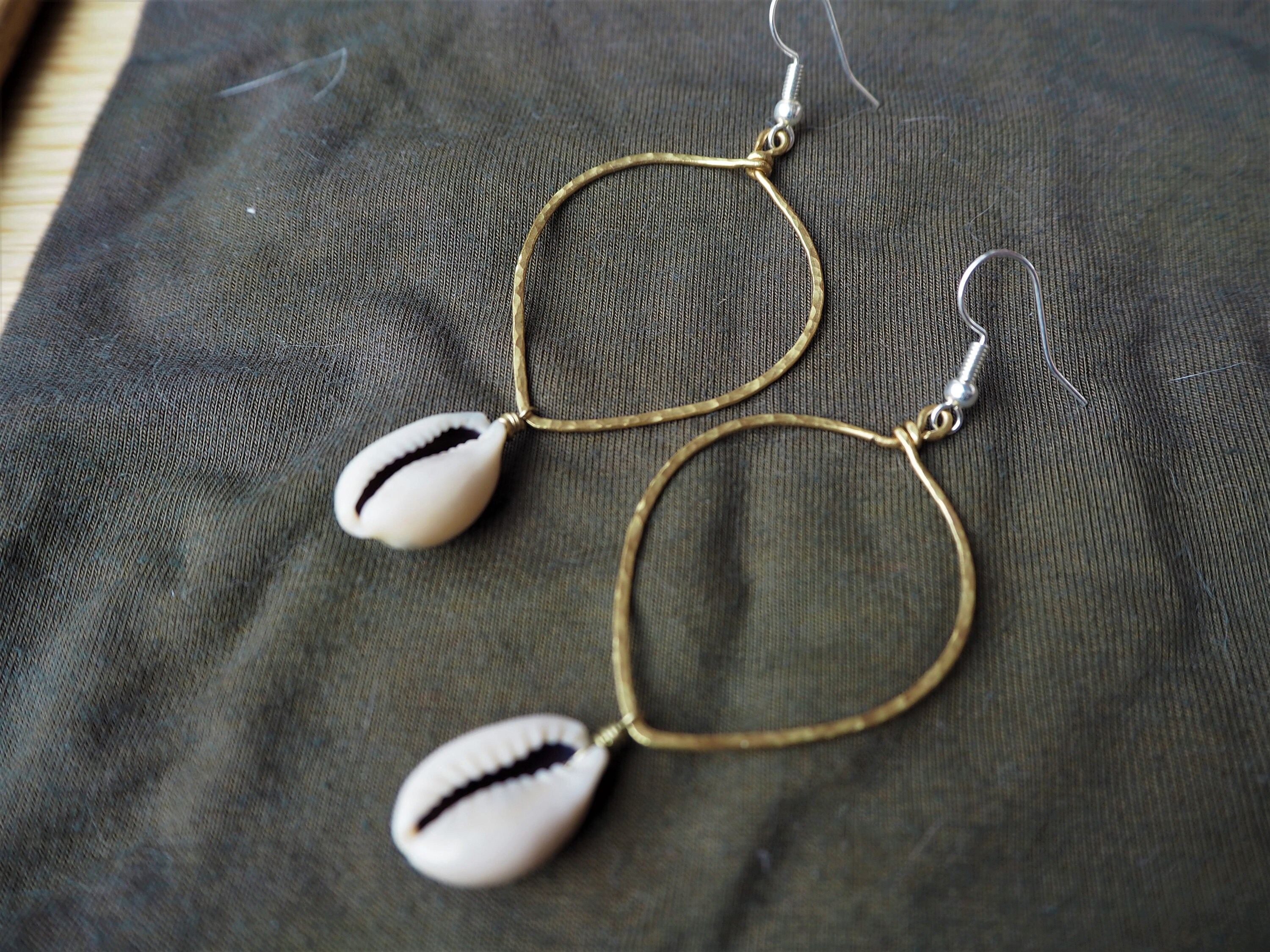 Kauri Hoops Cowrie Shell Earrings Sea Shell Earrings Hammered Brass ...