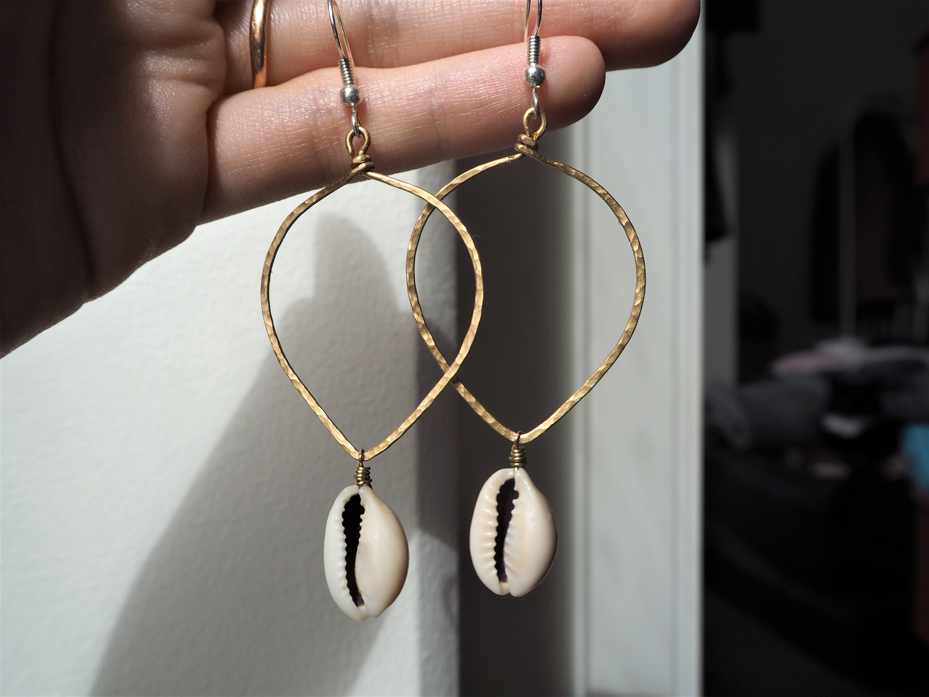 Kauri Hoops Cowrie Shell Earrings Sea Shell Earrings Hammered Brass ...