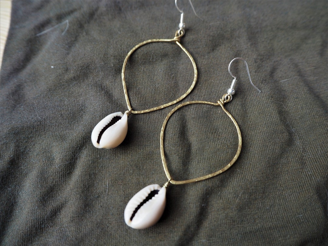 Kauri Hoops Cowrie Shell Earrings Sea Shell Earrings Hammered Brass ...