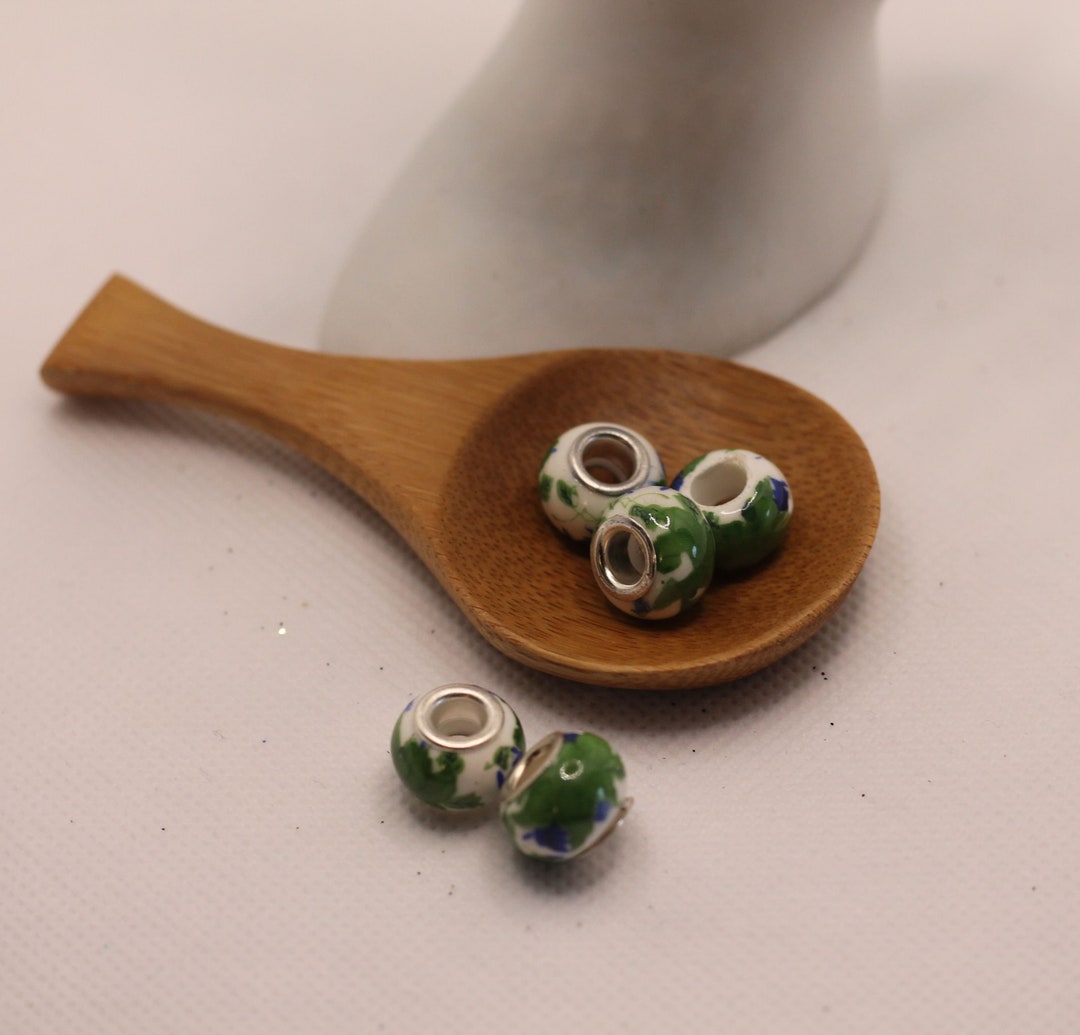 Set of 5 Pandora Style Beads in White Glass Green Patterns, X5 - Etsy