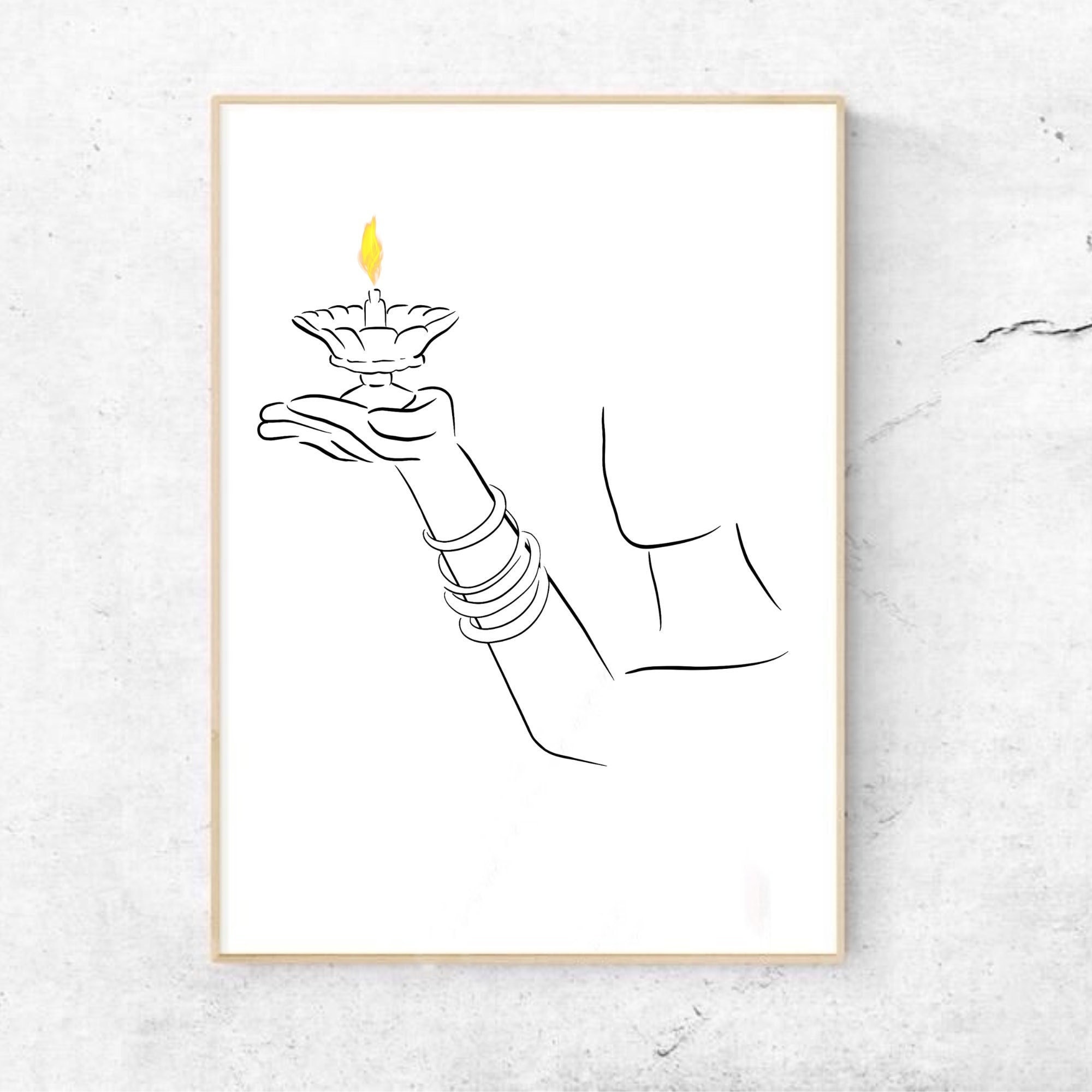 Indian Diya Line Drawing, Line Art, Abstract Art Print, Printable Wall ...