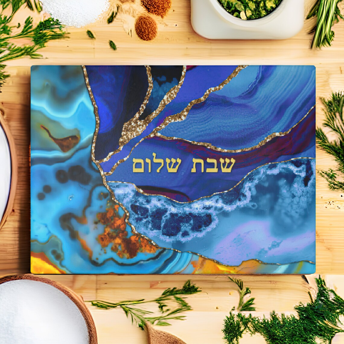 Challah Board Blue Agate / Mixed Stone Gold Look Hebrew - Etsy
