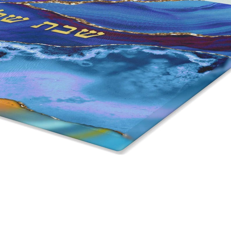 Challah Board Blue Agate / Mixed Stone Gold Look, Hebrew Shabbat Shalom ...