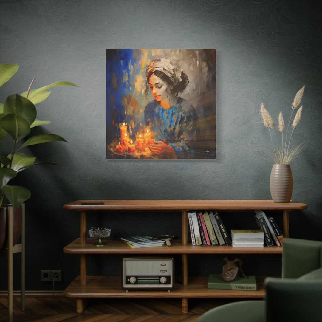 Jewish Art, Jewish Painting on Canvas, Shabbat Candle Lighting, Jewish ...