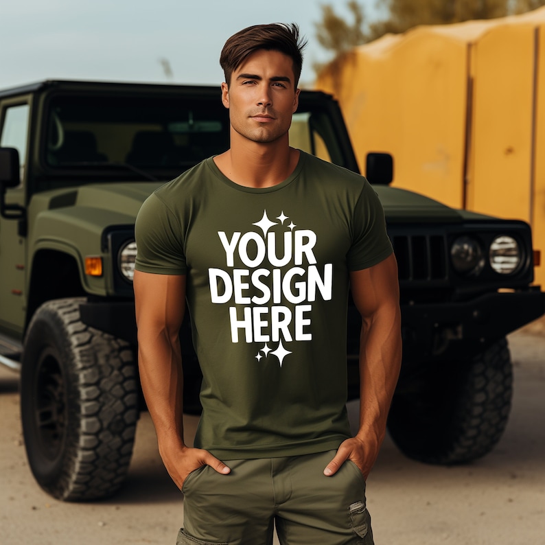 Military Green Bella Canvas 3001 T-shirt Mockup Men's T-shirt Military ...