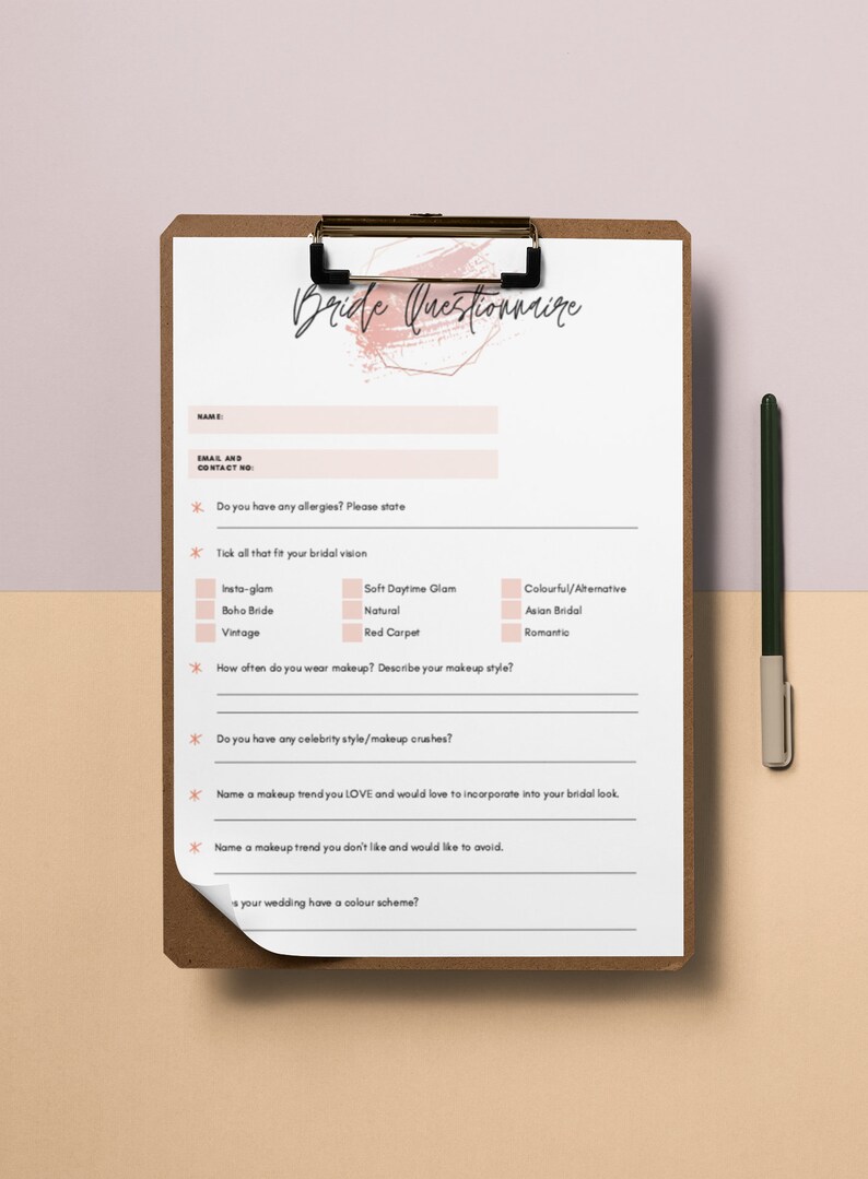 Pre Bridal Trial Questionnaire for Makeup Artists. Digital Printable ...