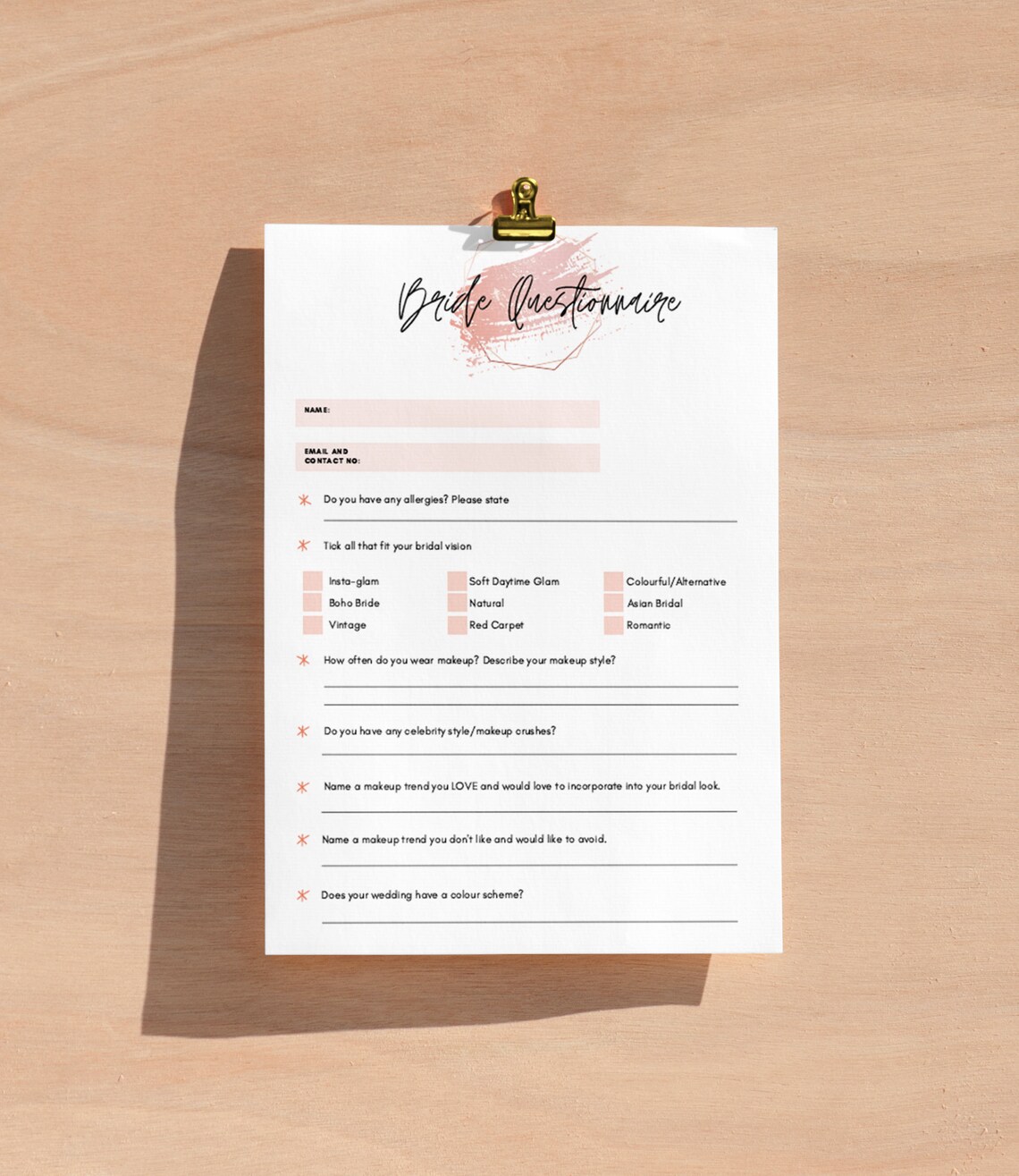 Pre Bridal Trial Questionnaire for Makeup Artists. Digital Printable ...