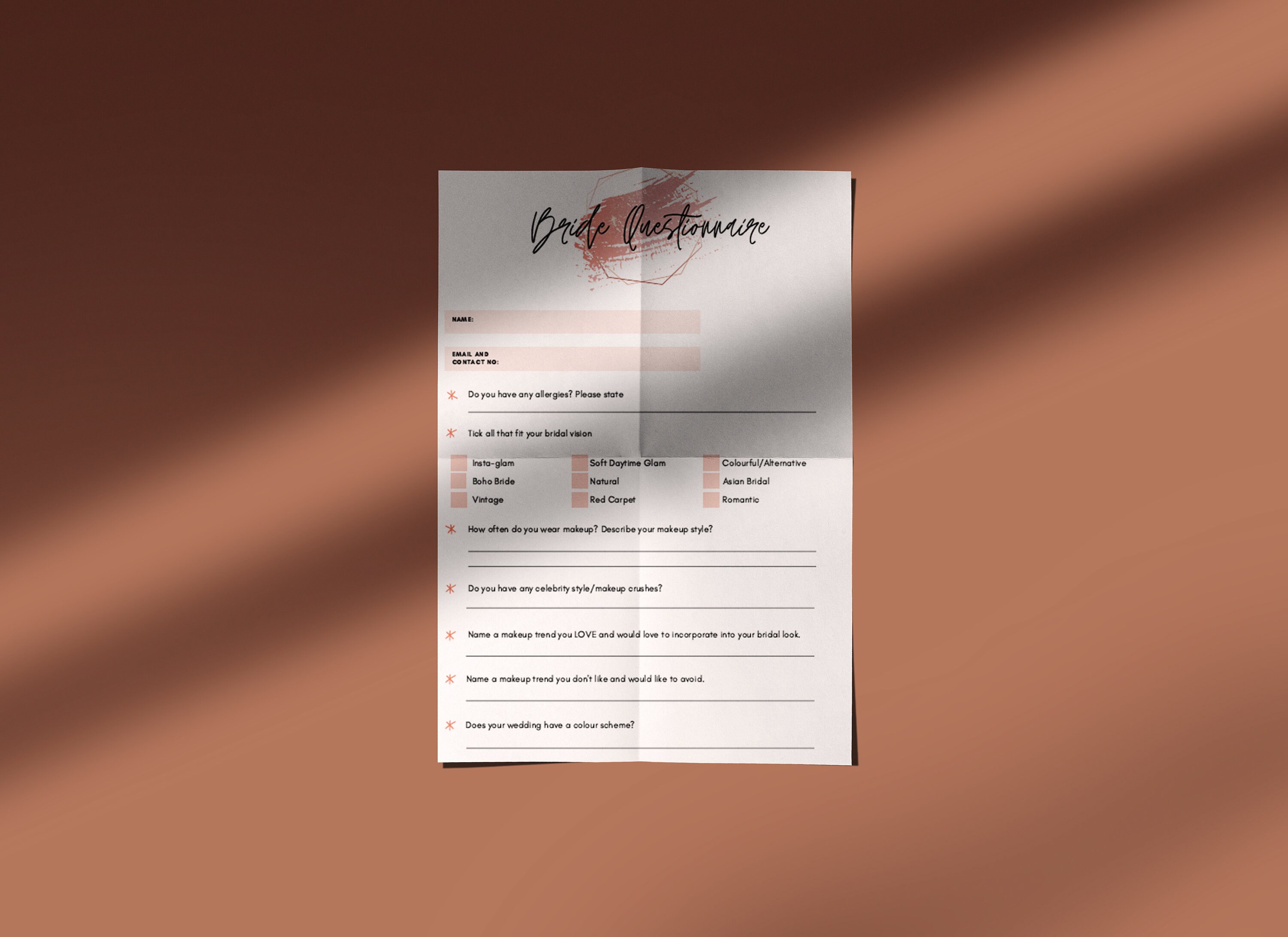 Pre Bridal Trial Questionnaire for Makeup Artists. Digital Printable ...