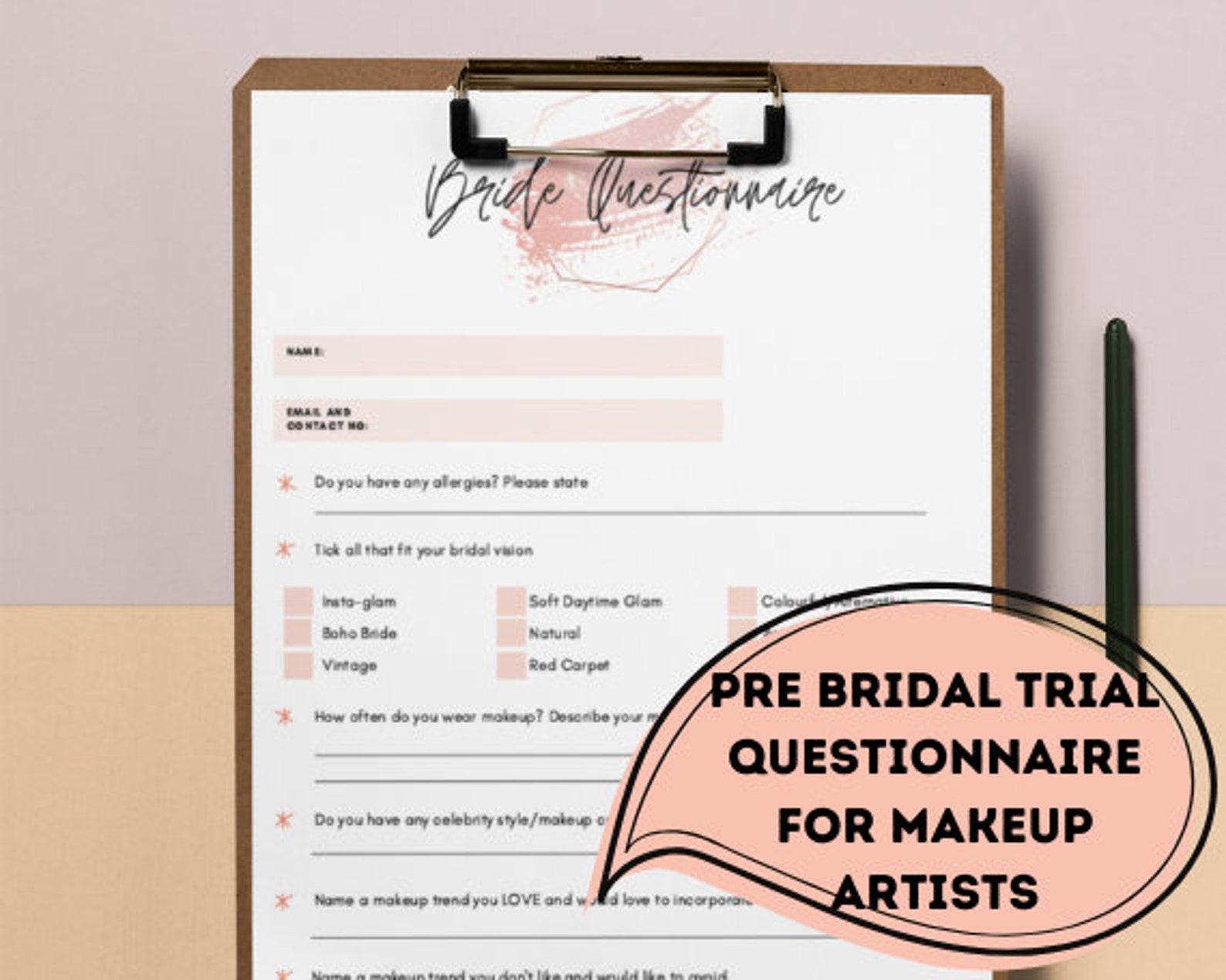 Pre Bridal Trial Questionnaire for Makeup Artists. Digital Printable ...