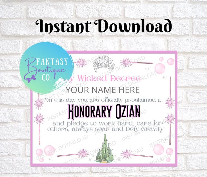 Wicked Party | Glinda Inspired Certificate | Princess Certificate ...