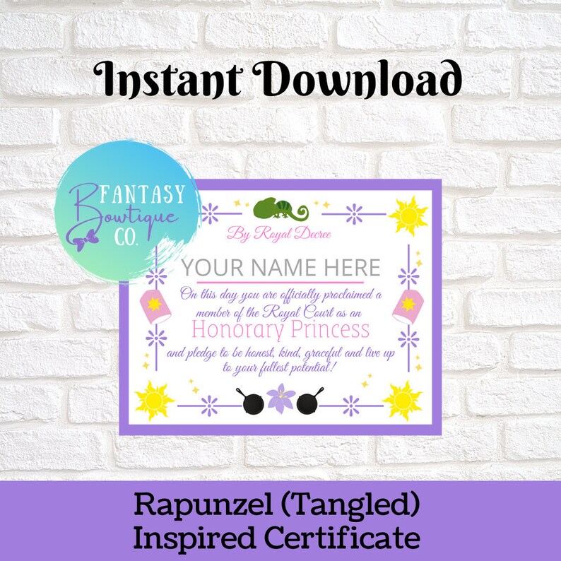 Tangled Party Rapunzel Certificate Princess Certificate Instant ...