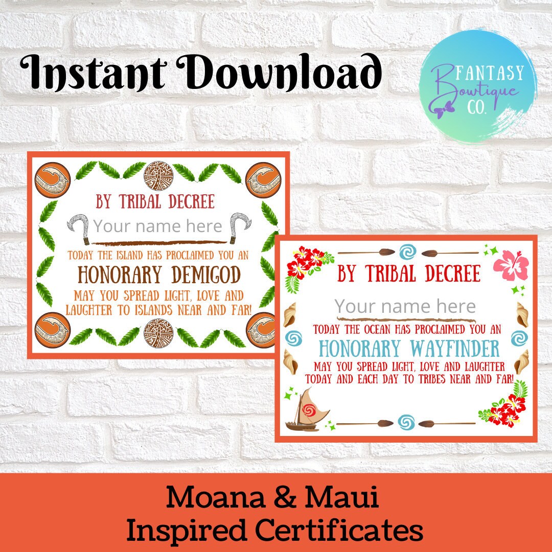 Moana Maui Inspired Certificate Princess Certificate Instant Download ...