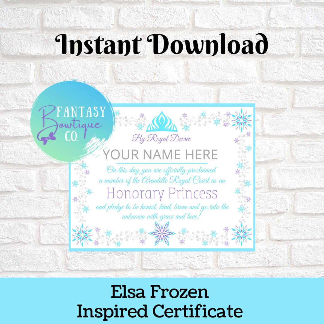 Frozen Party Elsa Certificate Princess Certificate Instant Download ...
