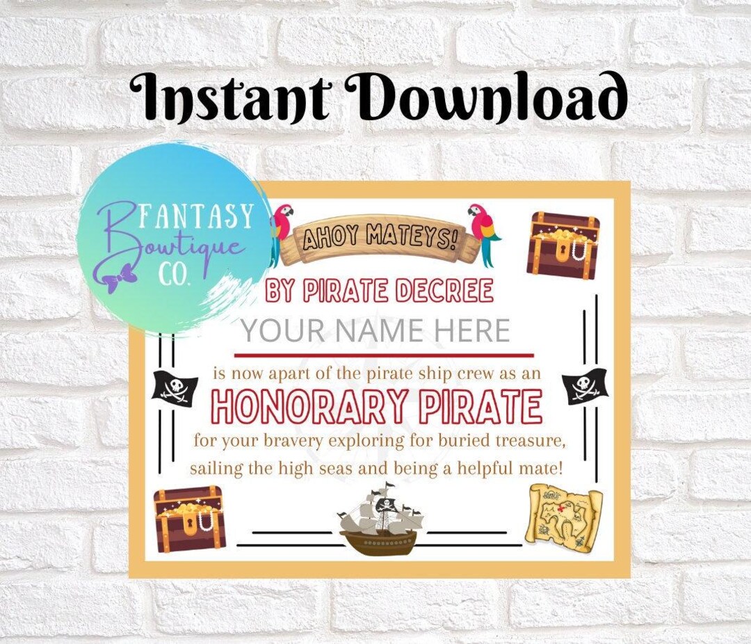 Pirate Party | Party Certificates | Party Favors | Instant Download - Etsy