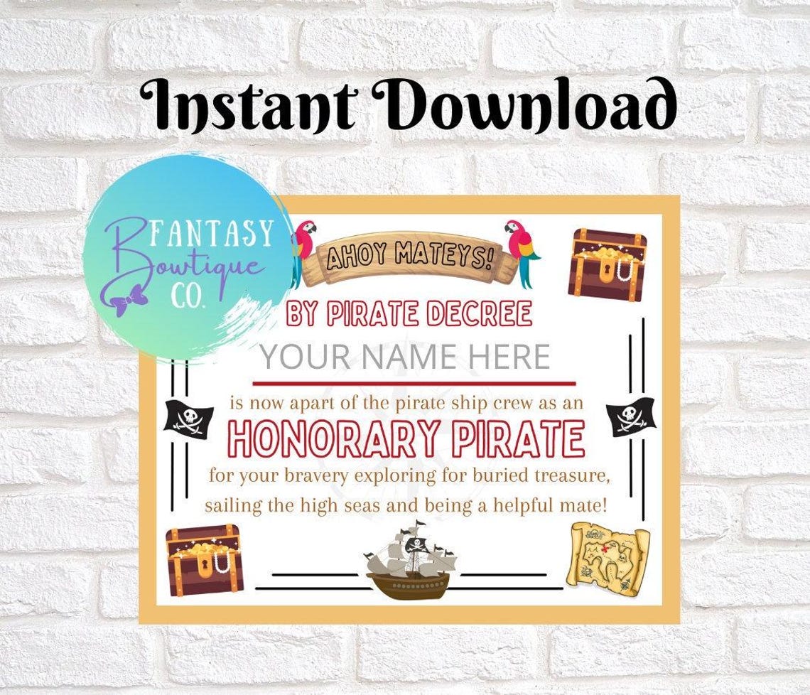 Pirate Party | Party Certificates | Party Favors | Instant Download - Etsy