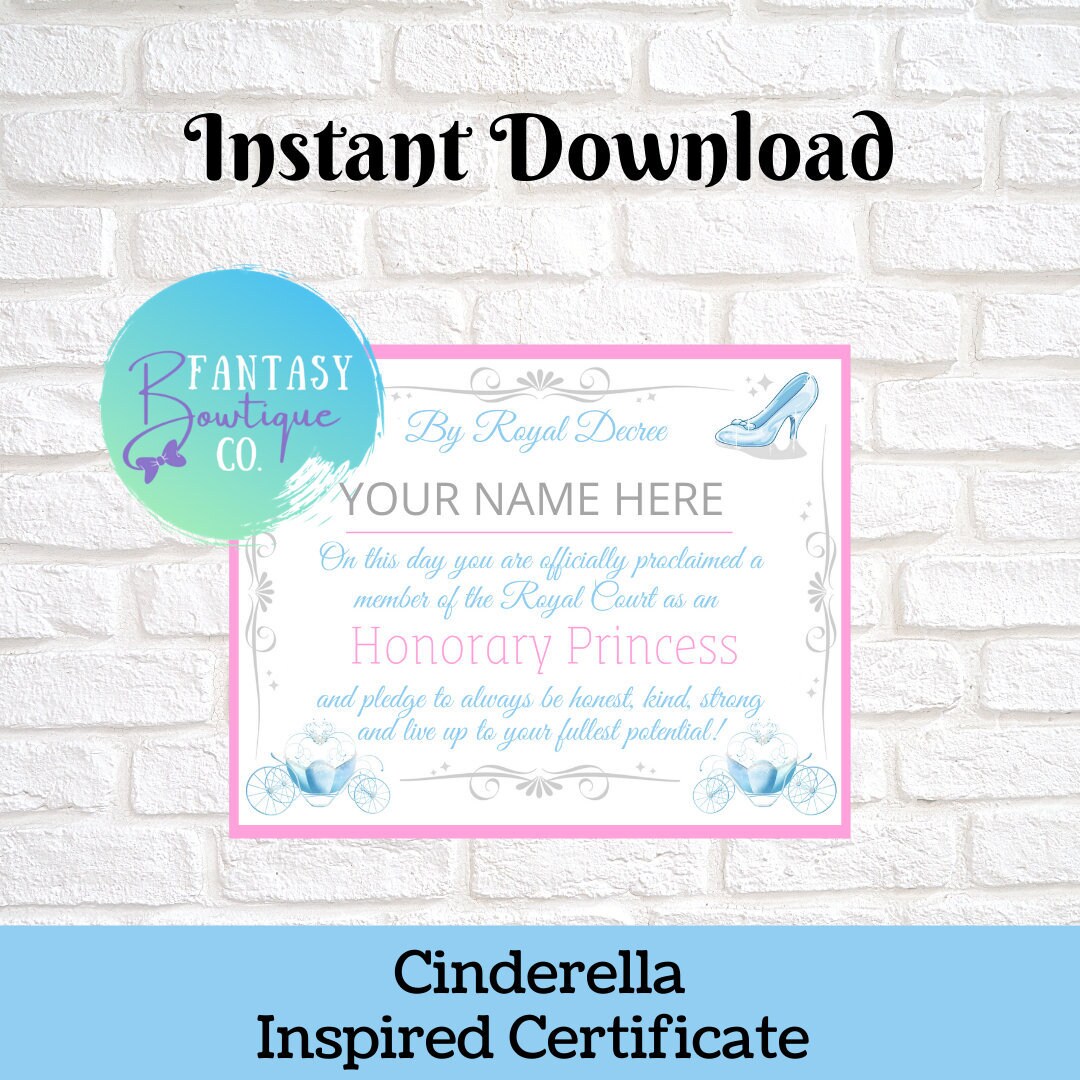 Cinderella Inspired Certificate Princess Certificate Instant Download ...