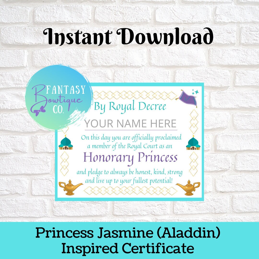 Aladdin Party Jasmine Certificate Princess Certificate Instant Download ...