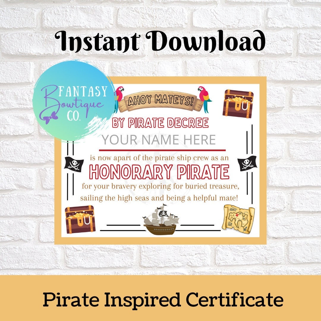 Pirate Party Party Certificates Party Favors Instant Download - Etsy